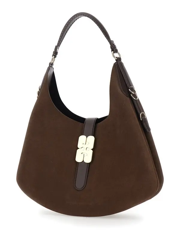 GANNI Kat Large' Brown Shoulder Bag With Butterfly Plaque On Front In Suede - Multicolor