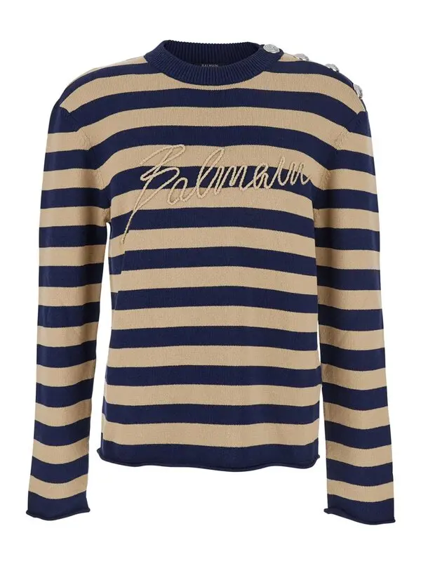 Balmain Blue Crewneck Sweater With Logo Lettering On The Front And All-over Striped Motif In Wool - Multicolor