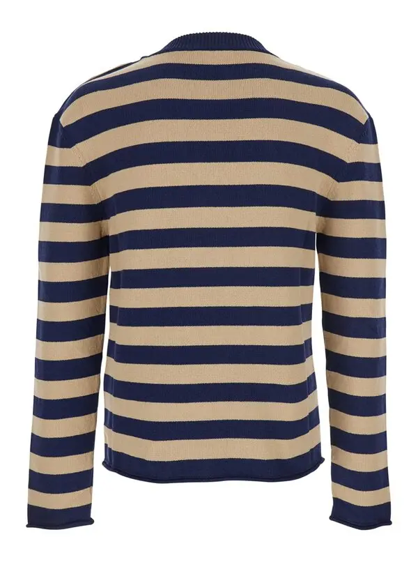 Balmain Blue Crewneck Sweater With Logo Lettering On The Front And All-over Striped Motif In Wool - Multicolor