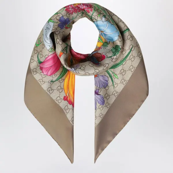 Gucci Silk Twill Carre With Gg Flora Print In Light Brown - Multicolor