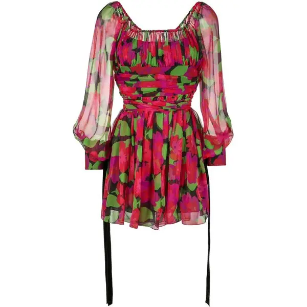 Saint Laurent Silk Ruched Bodice Flared Dress - Pink