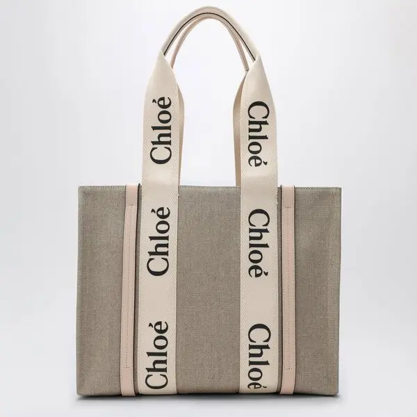 Chloé Medium Woody Tote Bag In Beige Canvas - Pink