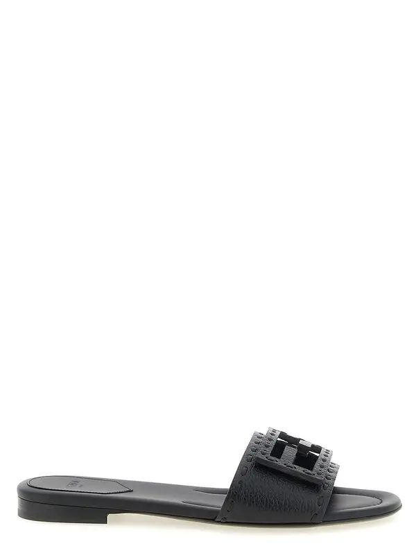 Fendi Baguette Leather Slides - Black
