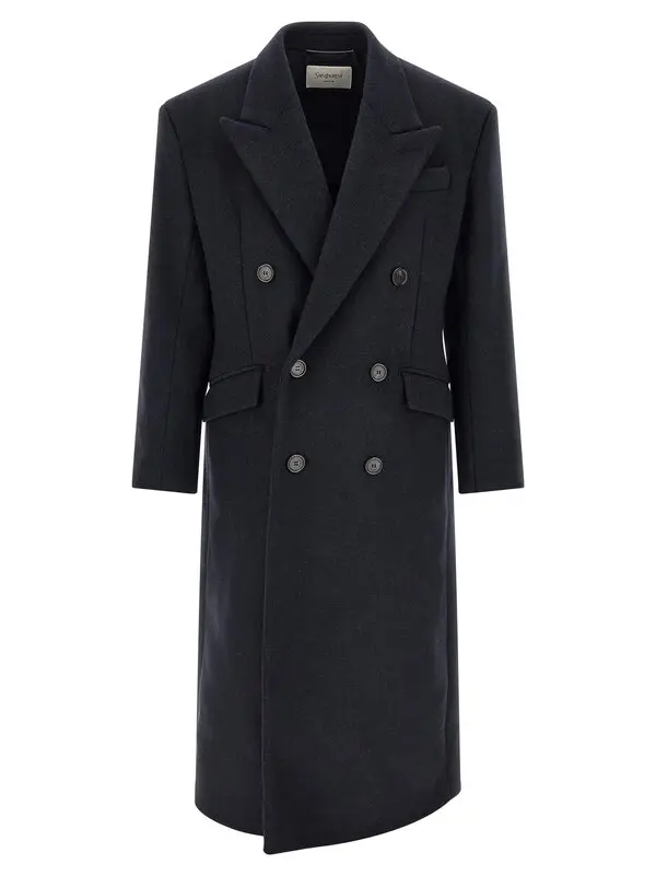 Saint Laurent Virgin Wool Double-breasted Long Coat - Blue