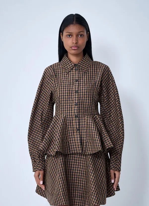 GANNI Crinkle Peplum Shirt - Brown