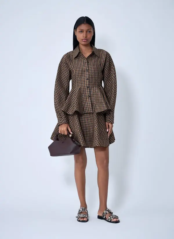 GANNI Crinkle Peplum Shirt - Brown