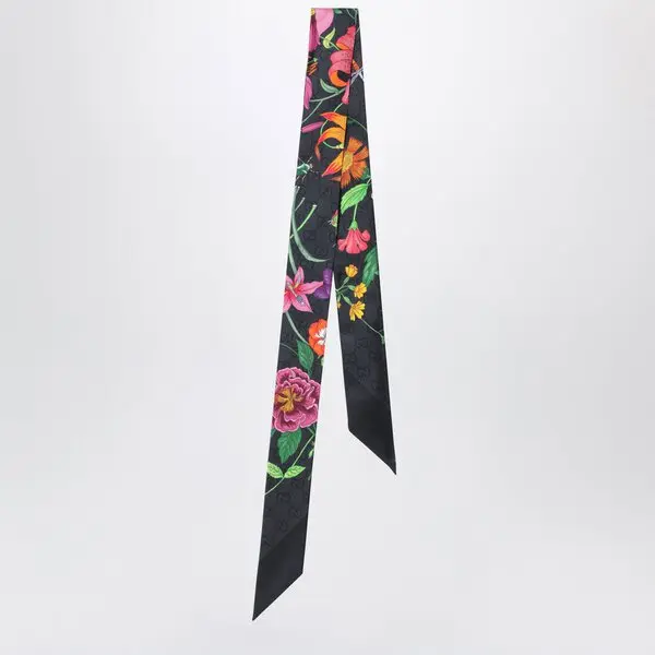Gucci Silk Ribbon With Gg Flora Print - Black