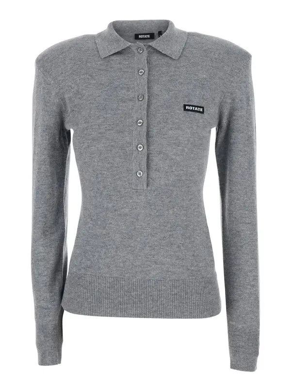 ROTATE BY BIRGER CHRISTENSEN Grey Long Sleeve Polo With Classic Collar And Logo Patch On Front In Wool For - Multicolor