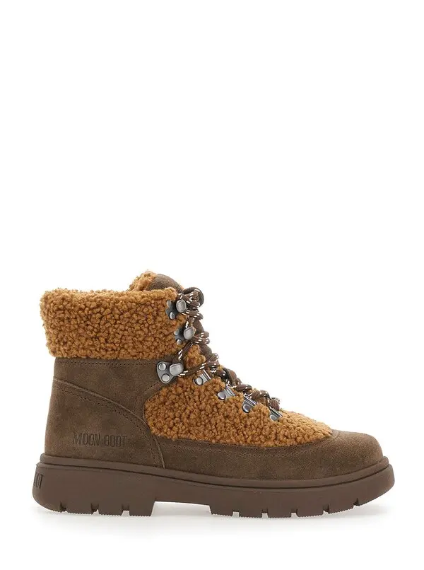 Moon Boot Combat Boot' Brown Ankle Boots With Logo Lettering On The Back And Fleece Details In Suede - Multicolor