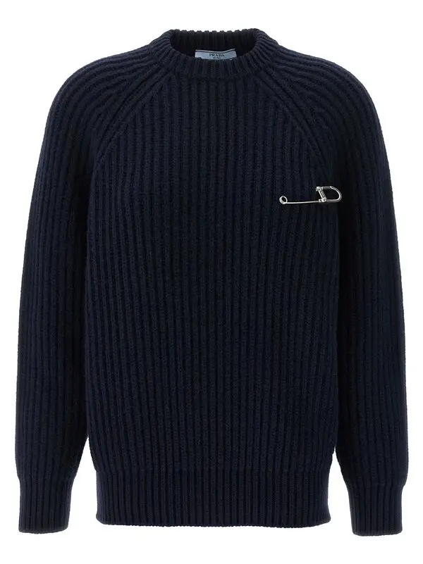 Prada Virgin Wool And Cashmere Ribbed Pin Sweater - Blue