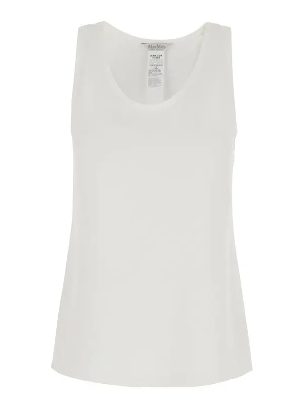 Max Mara Pavido' Sleeveless Top With Round Neck And Tone-on-tone Logo Embroidery On The Front In Silk For - White