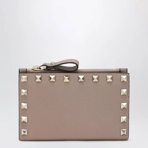 Valentino Garavani Powder Leather Rockstud Zip Card Holder - Pink