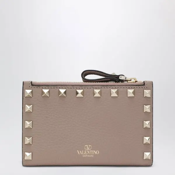 Valentino Garavani Powder Leather Rockstud Zip Card Holder - Pink
