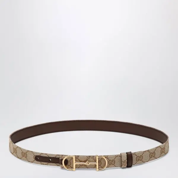 Gucci Reversible Gg Fabric And Leather Belt In Sand/brown With Horsebit Buckle - Cream