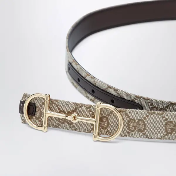 Gucci Reversible Gg Fabric And Leather Belt In Sand/brown With Horsebit Buckle - Cream