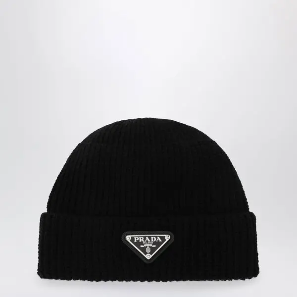 Prada Wool Hat With Triangle Logo - Black