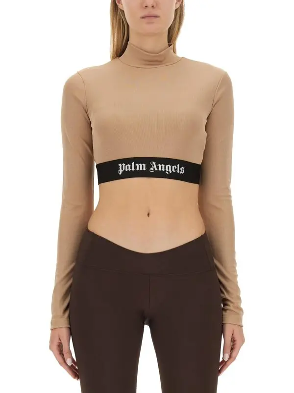 Palm Angels Cropped Top With Logo - Cream