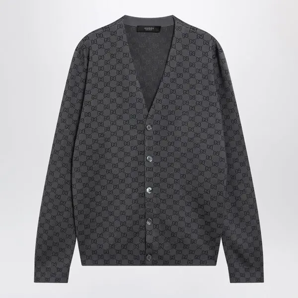 Gucci Grey Wool And Silk Cardigan With Gg Motif - Gray