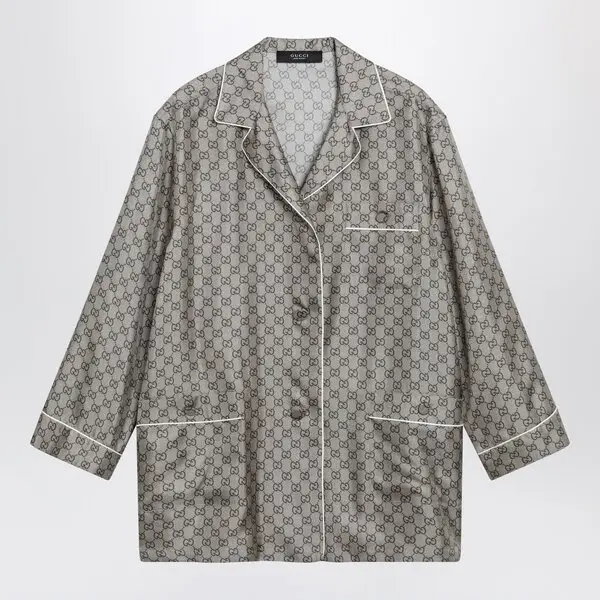 Gucci Silk Twill Shirt With Gg Print In Beige - Cream