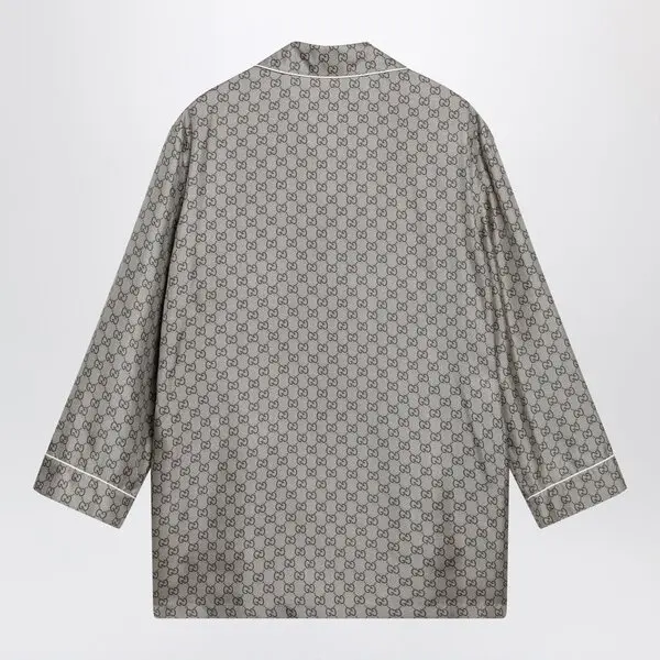 Gucci Silk Twill Shirt With Gg Print In Beige - Cream