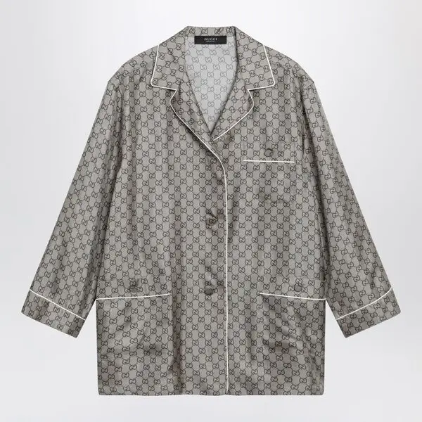 Gucci Silk Twill Shirt With Gg Print In Beige - Cream