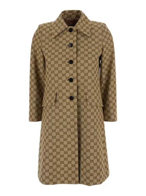 Gucci Beige Coat With Pointed Collar In Gg Canvas For