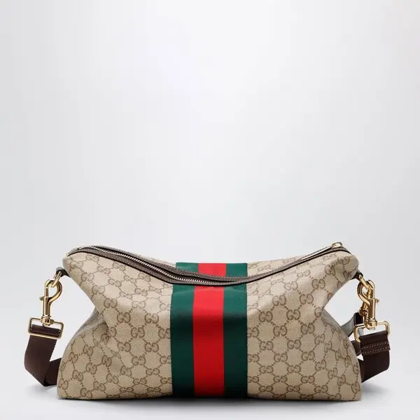 Gucci Medium Gg Crossbody Bag In Coated Fabric With Web Stripe - Cream