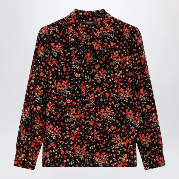 Gucci Printed Silk Shirt With Bow In /red - Black