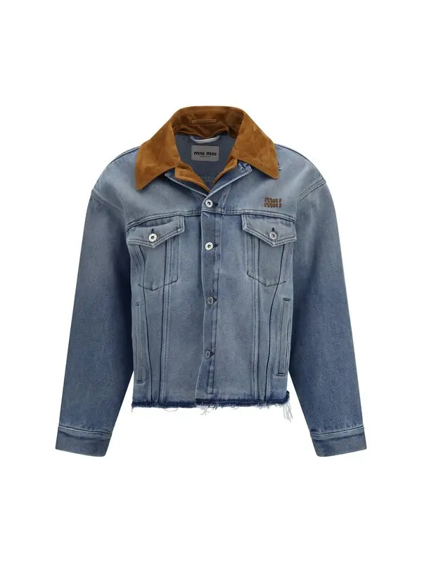 Miu Miu Washed Denim And Suede Jacket - Blue
