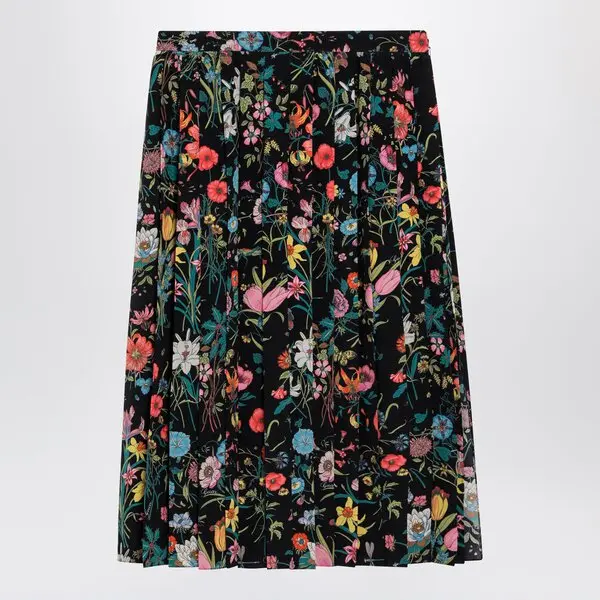 Gucci Pleated Midi Silk Skirt With Flora Print - Black