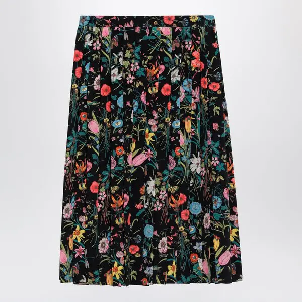 Gucci Pleated Midi Silk Skirt With Flora Print - Black