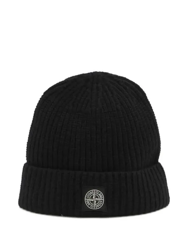 Stone Island Ribbed Knit Beanie - Black