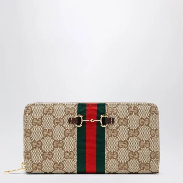 Gucci Horsebit Web Zipped Wallet In Gg Canvas Beige - Cream