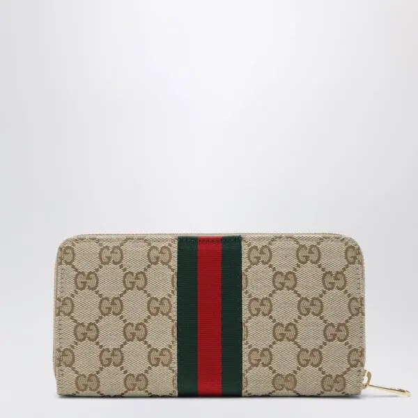 Gucci Horsebit Web Zipped Wallet In Gg Canvas Beige - Cream
