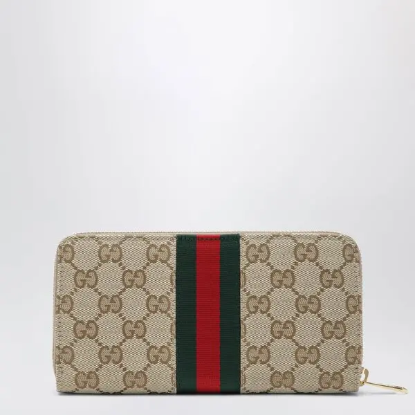 Gucci Horsebit Web Zipped Wallet In Gg Canvas Beige - Cream