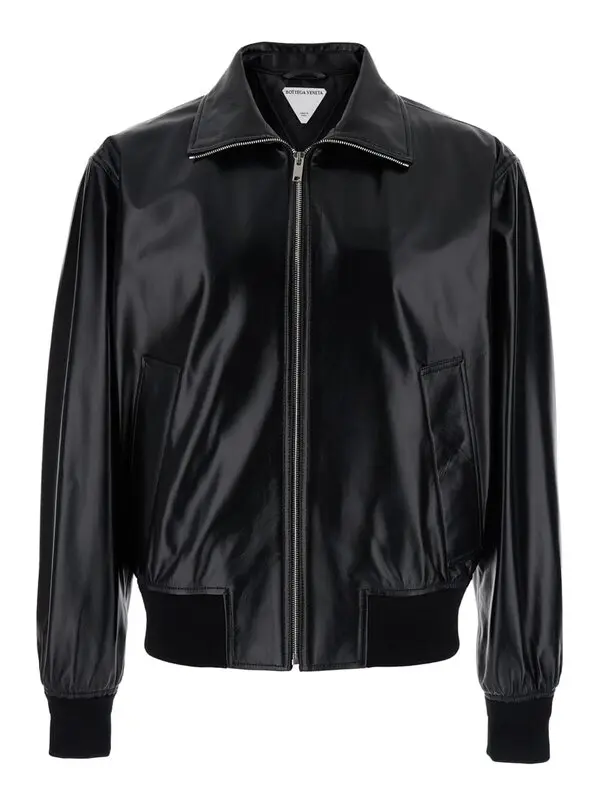 Bottega Veneta Black Bomber Jacket With Two Front Welt Pockets In Leather
