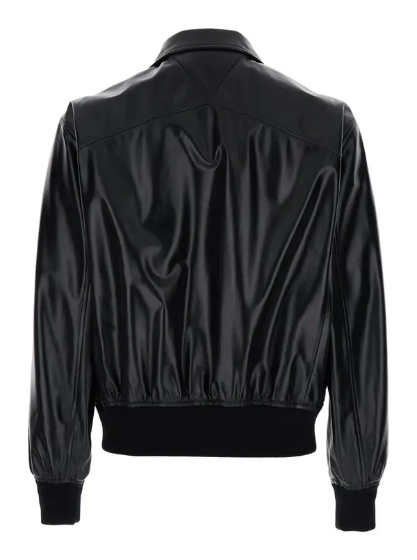Bottega Veneta Black Bomber Jacket With Two Front Welt Pockets In Leather