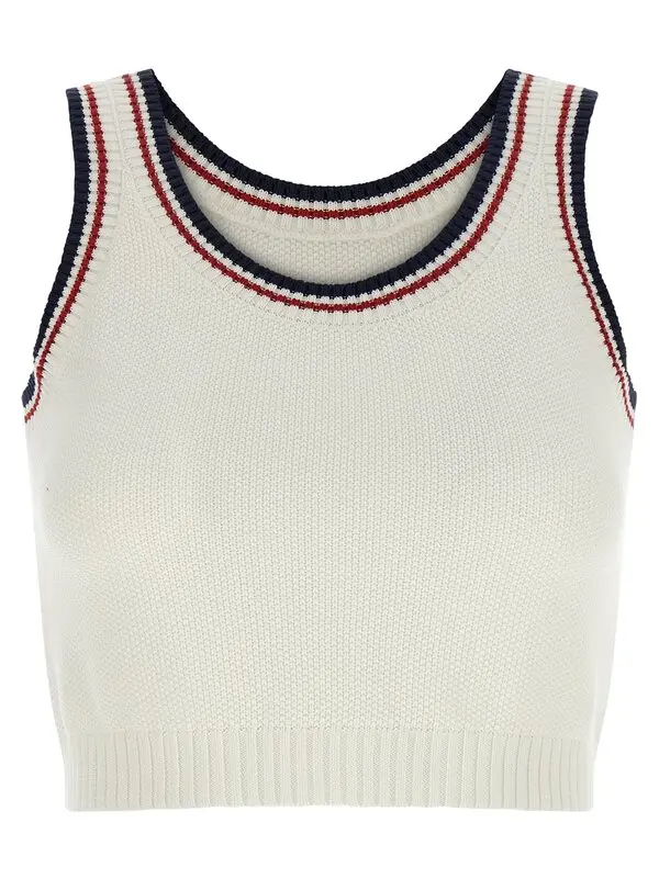 Brunello Cucinelli Striped Trim Cotton Knit Crop Top - White