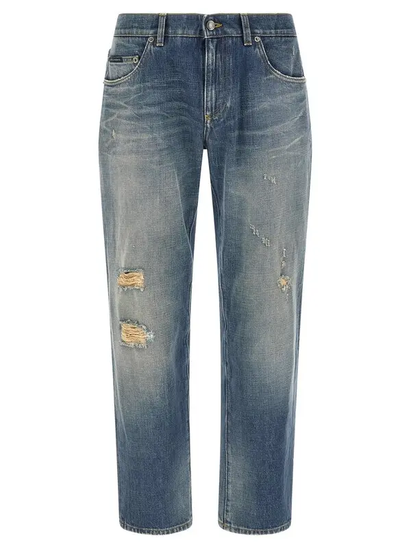 Dolce & Gabbana Destroyed Logo Plaque Jeans - Blue