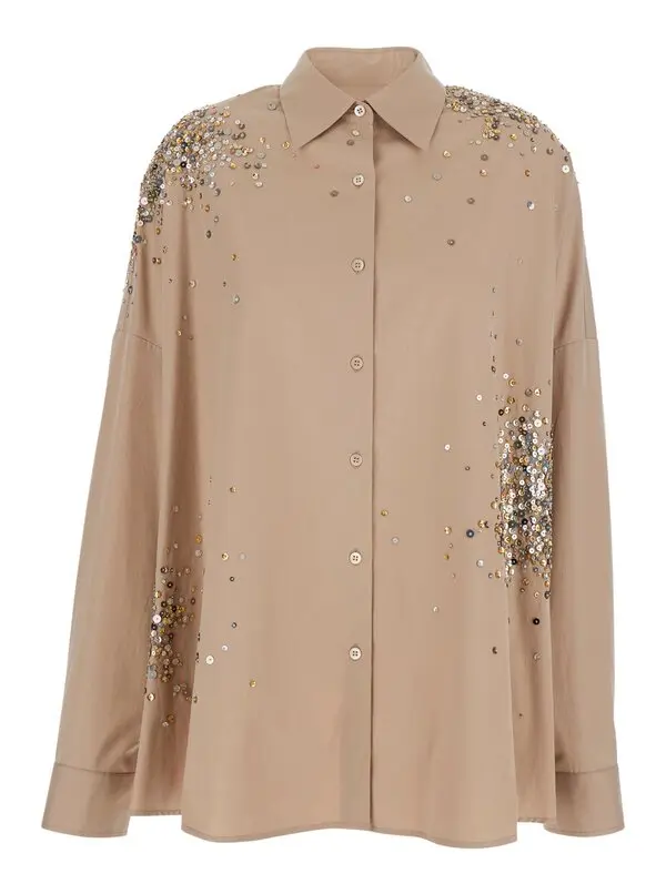 Dries Van Noten Casia' Beige Shirt With Classic Collar And All-over Rhinestone Embroidery In Cotton - Multicolor
