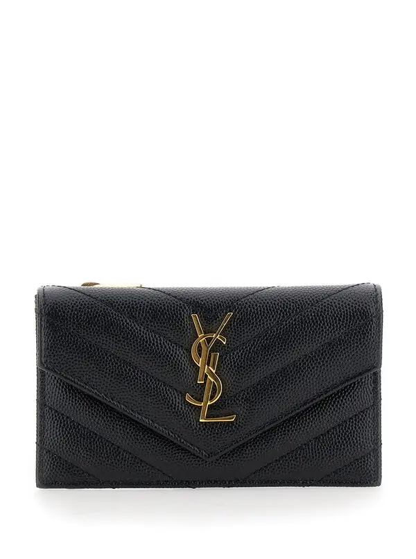 Saint Laurent Cassandre' Black Zip Card Case With Flap In Embossed Leather - Multicolor
