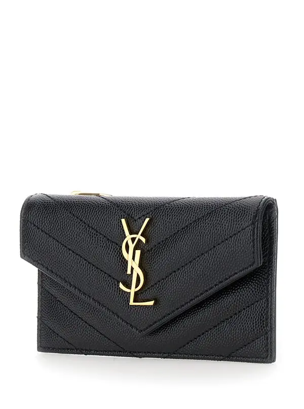 Saint Laurent Cassandre' Black Zip Card Case With Flap In Embossed Leather - Multicolor