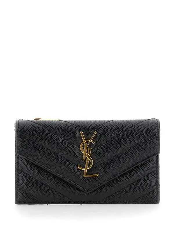 Saint Laurent Cassandre' Black Zip Card Case With Flap In Embossed Leather - Multicolor
