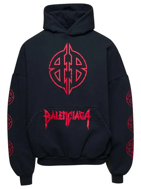 Balenciaga Black Hoodie With Maxi Logo Print On Front And Rear In Cotton Stretch - Multicolor