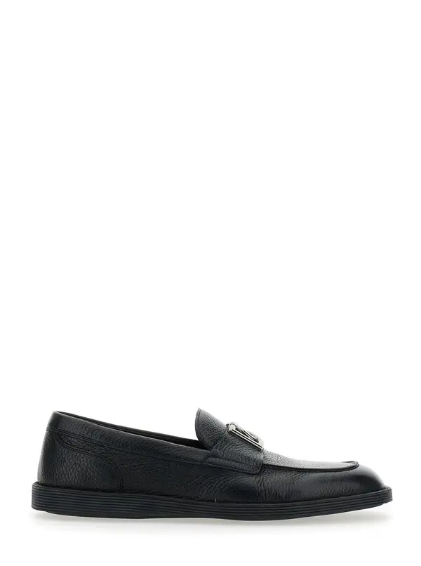 Dolce & Gabbana Florio' Black Loafers With Dg Plaque On The Front In Grained Leather - Multicolor