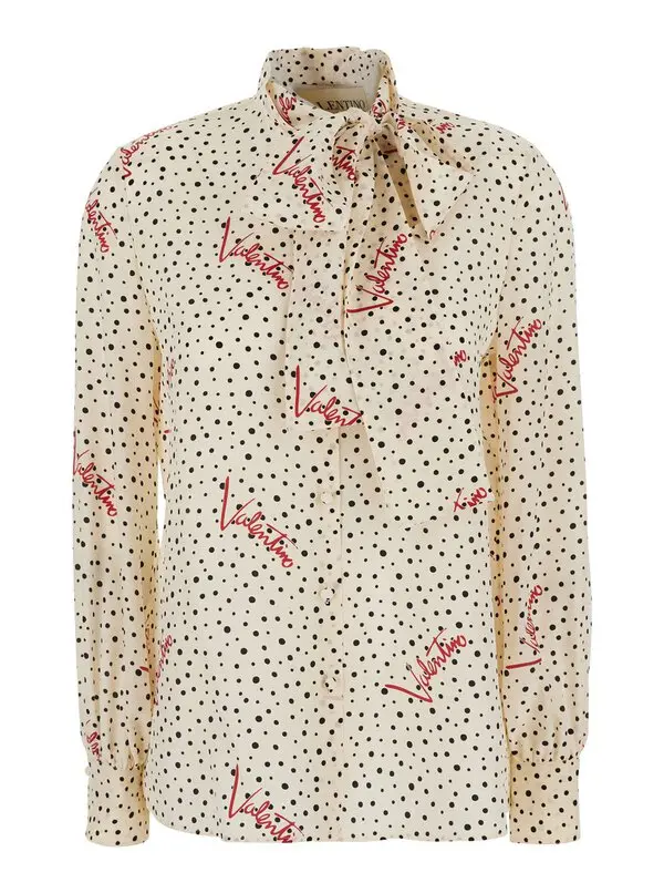 Valentino Garavani White Blouse With Bow Detail On The Front And All-over Polka Dot Motif With Logo In Silk For - Multicolor