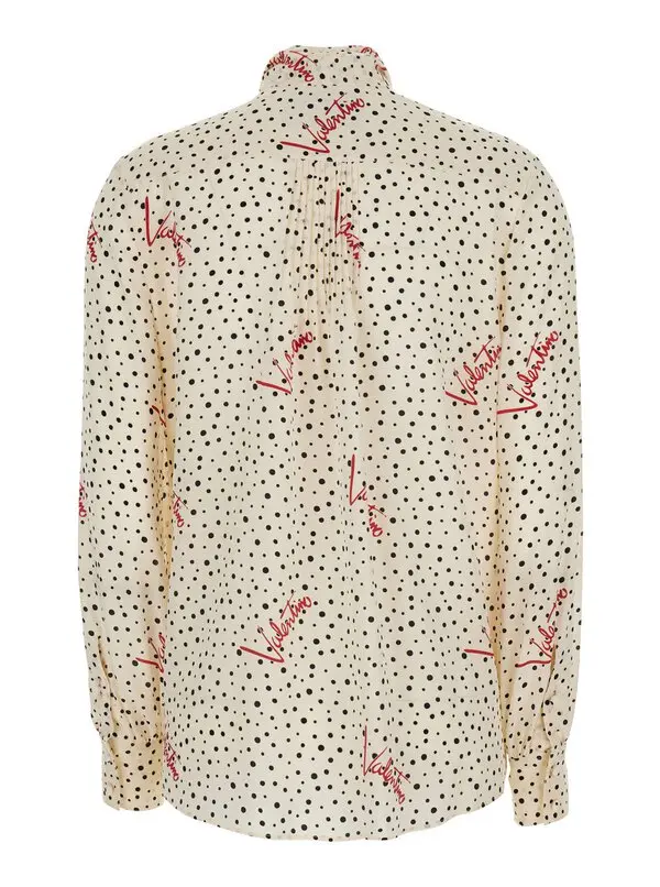 Valentino Garavani White Blouse With Bow Detail On The Front And All-over Polka Dot Motif With Logo In Silk For - Multicolor