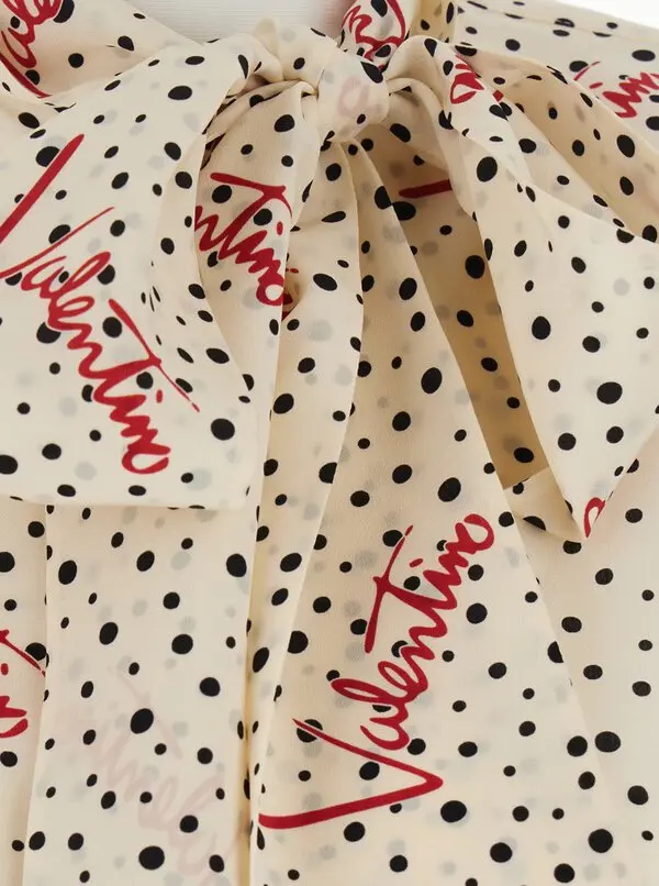 Valentino Garavani White Blouse With Bow Detail On The Front And All-over Polka Dot Motif With Logo In Silk For - Multicolor