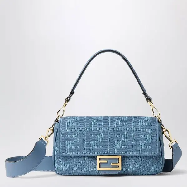 Fendi Woven Raffia Baguette Bag With Ff Embroidery - Blue