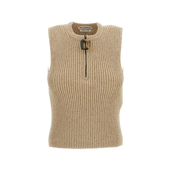 JW Anderson Ribbed Knit Metallic Threading Quarter-zip Tank Top - Cream